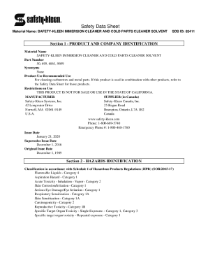 Fillable Online Material Name: SAFETY-KLEEN IMMERSION CLEANER AND COLD ...