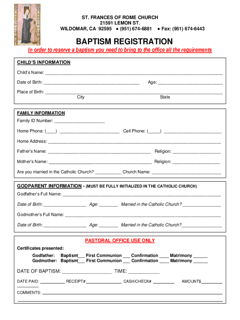Fillable Online St. Frances of Rome - Baptismal Registration. Baptismal Registration Fax Email ...