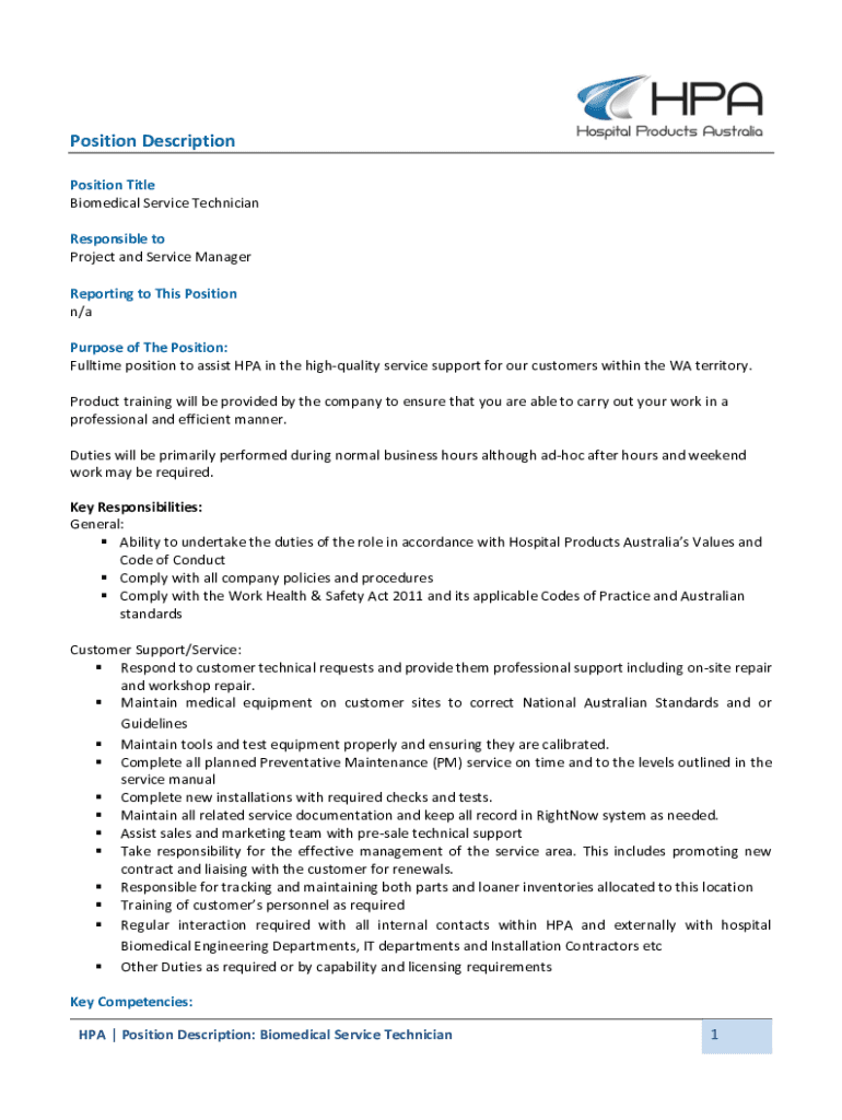 Fillable Online Biomedical Engineer Job Description Template Fax Email ...