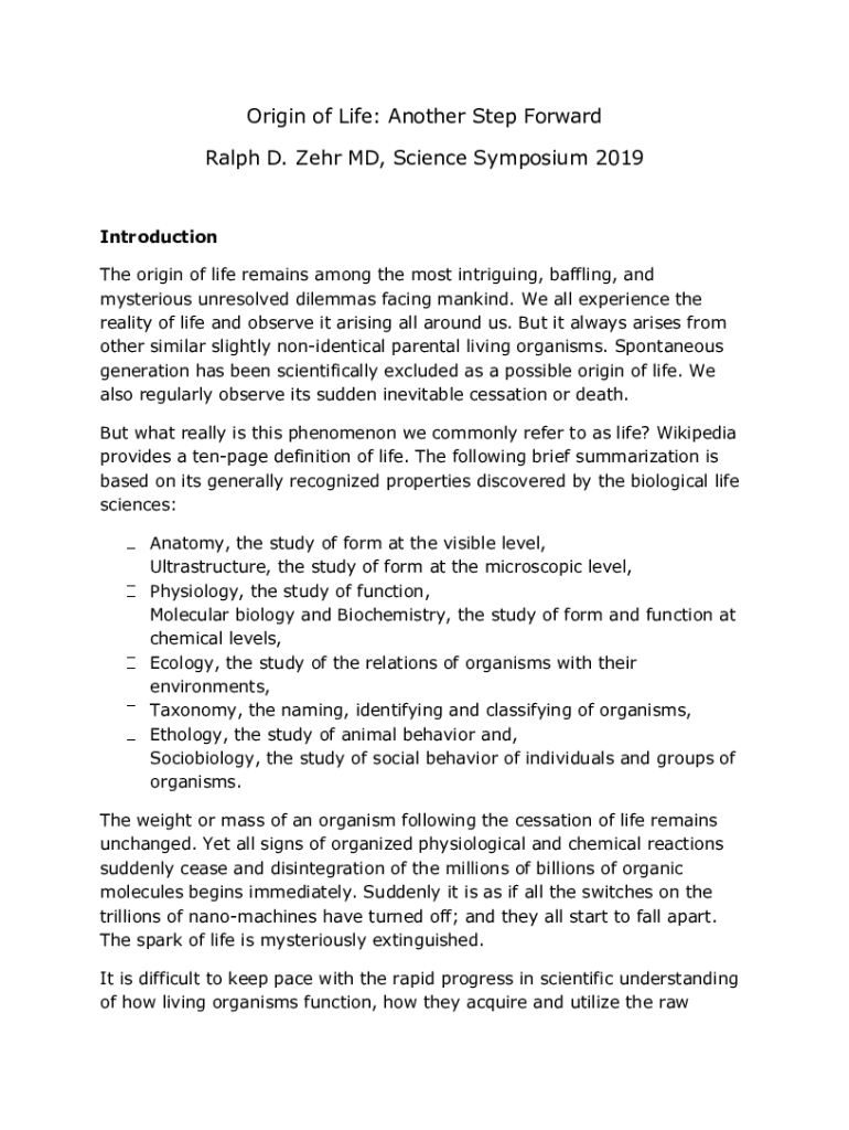 Fillable Online Origin of Life: Another Step Forward Ralph D. Zehr MD ...