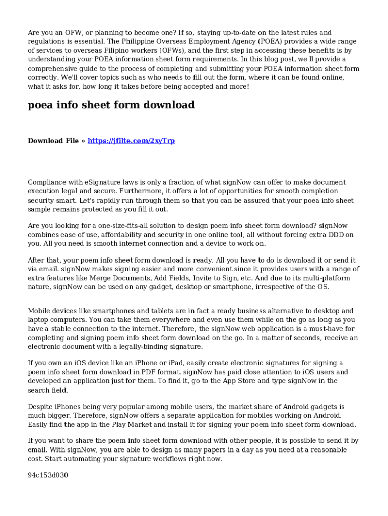 Fillable Online Poea Info Sheet Form Download Fax Email Print - pdfFiller