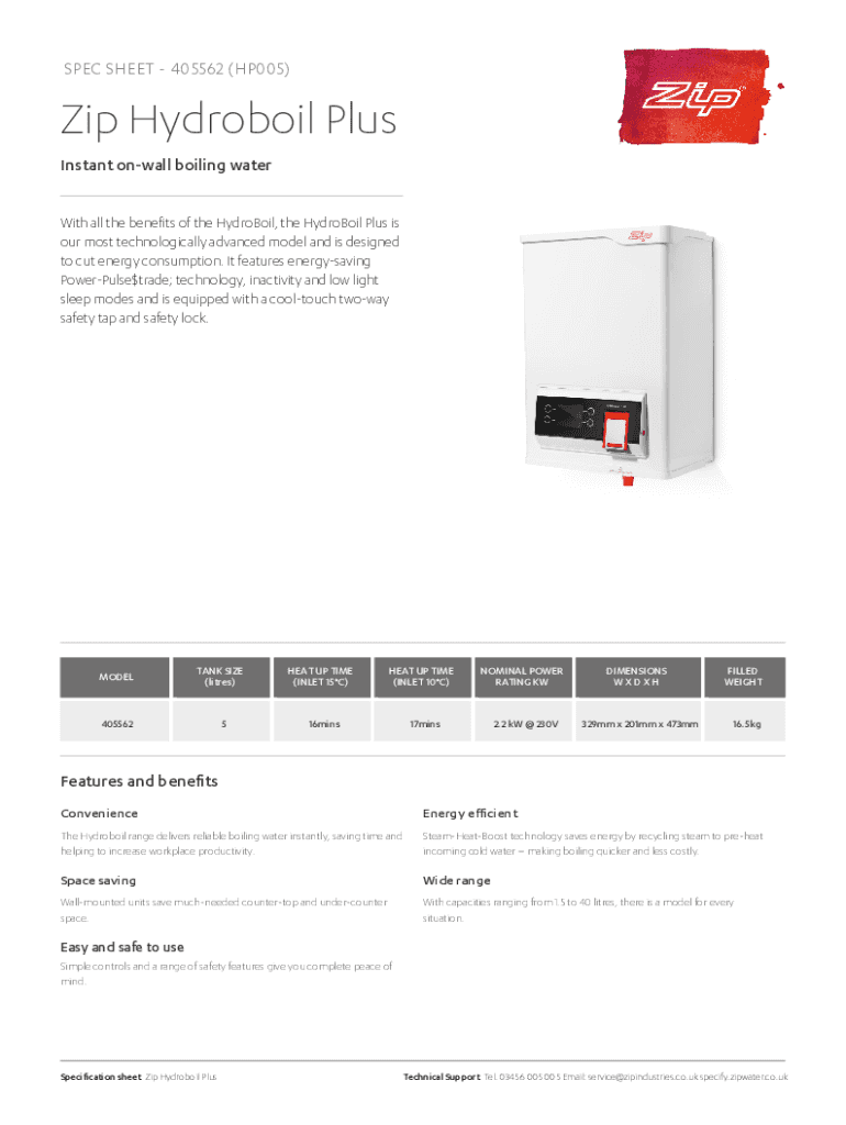 Fillable Online Zip HydroBoil Plus HP005 5 Litre 2.2kW Instant on Wall ...