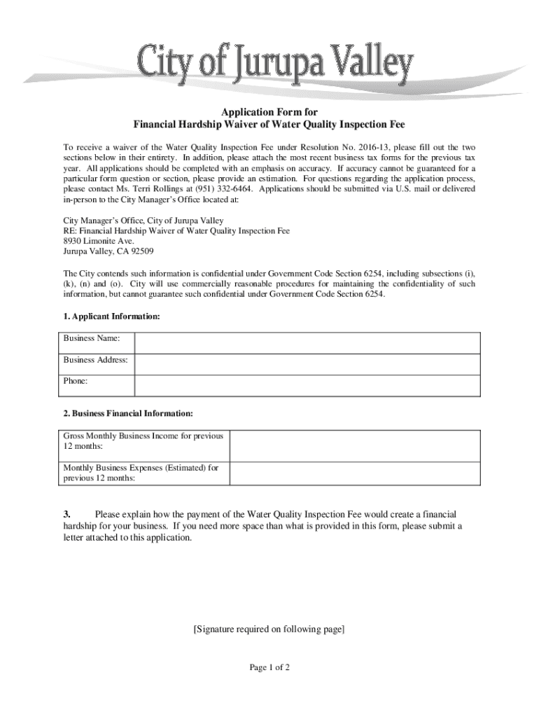 Fillable Online Application Form for Financial Hardship Waiver of Water ...