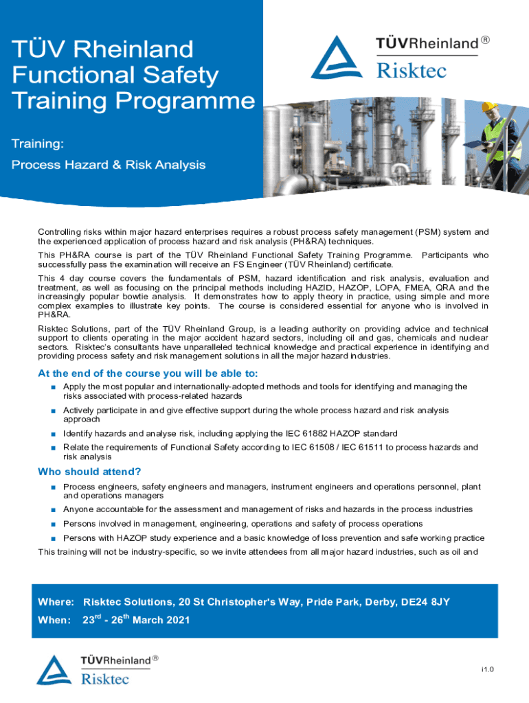 Fillable Online This PH&RA course is part of the TV Rheinland Functional Safety Training ...