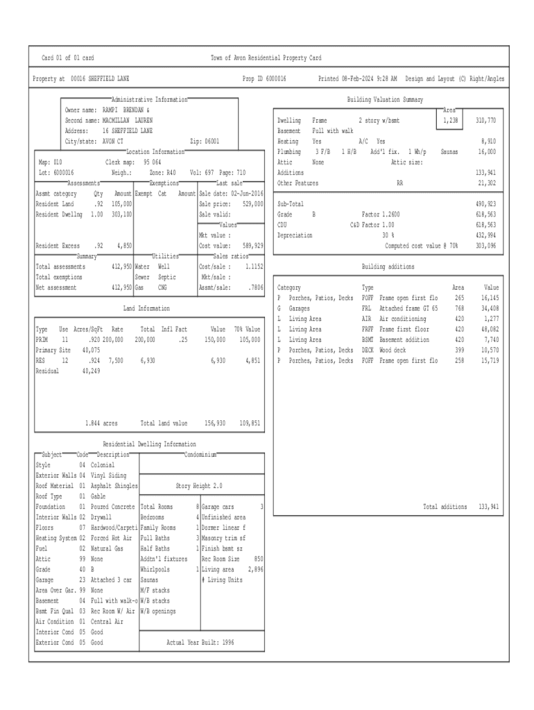 Fillable Online Home property records near Sheffield Ln, Avon CT Fax ...