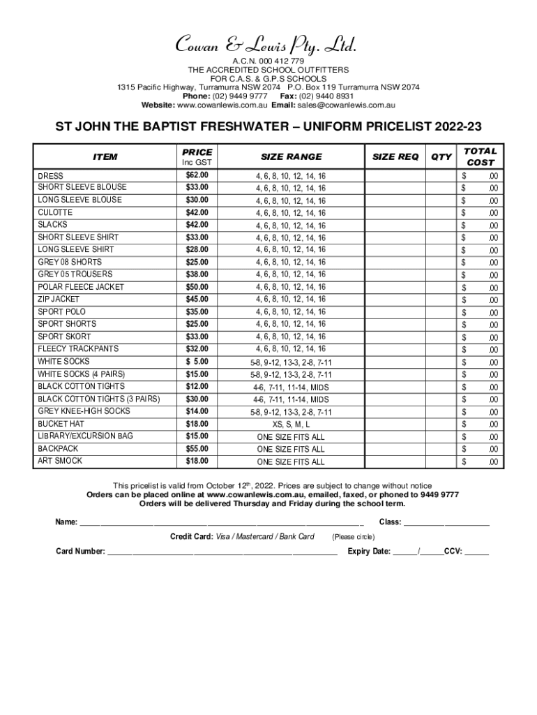Fillable Online ST JOHN THE BAPTIST FRESHWATER UNIFORM PRICELIST 2022 ...