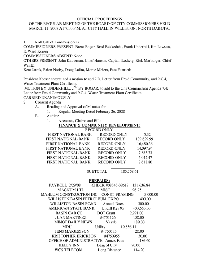 Fillable Online COMMISSIONERS PRESENT: Brent Bogar, Brad Bekkedahl ...