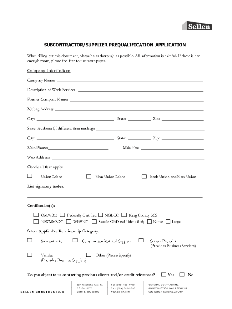 Fillable Online Re: Subcontractor/Supplier Pre-Qualification Fax Email ...