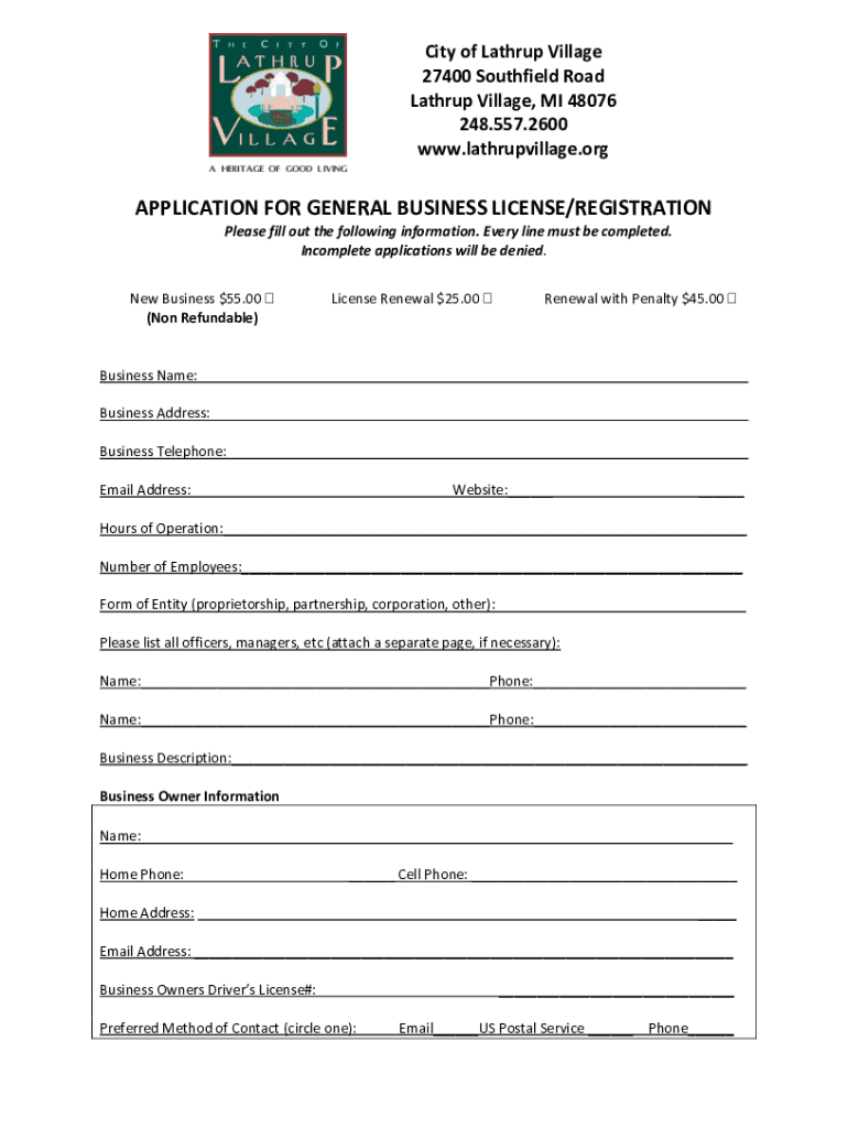 Fillable Online application for general business license/registration ...