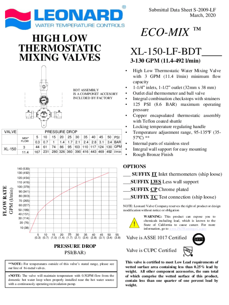 Fillable Online LF Thermostatic HL Mixing Valve - XL-150-LF-BDT Fax Email Print - pdfFiller