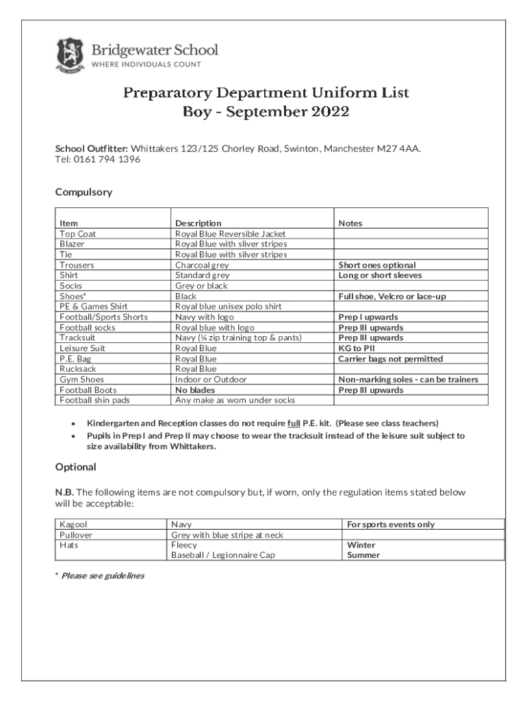 Fillable Online bridgewater-school co Preparatory Department Uniform ...