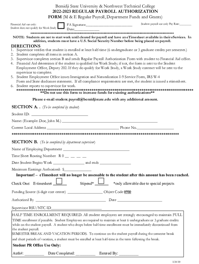 Fillable Online 2022-2023 Regular Payroll Authorization Form (M & E ...
