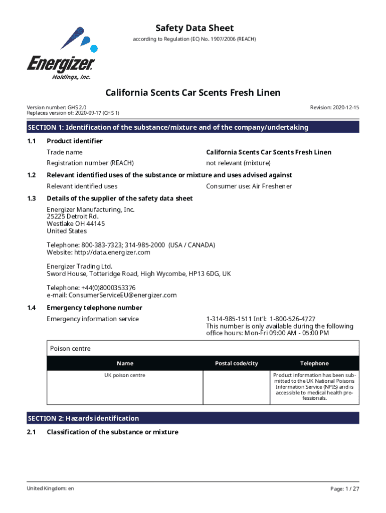 Fillable Online Safety Data Sheet: Car Scents Automotive Air Freshener Fax Email Print - pdfFiller