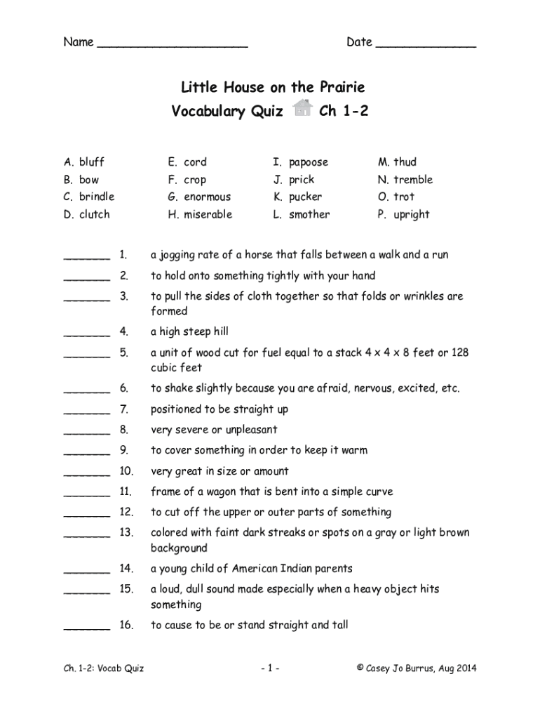 Fillable Online Little House on the Prairie Vocabulary Quiz Ch 1-2 Fax ...