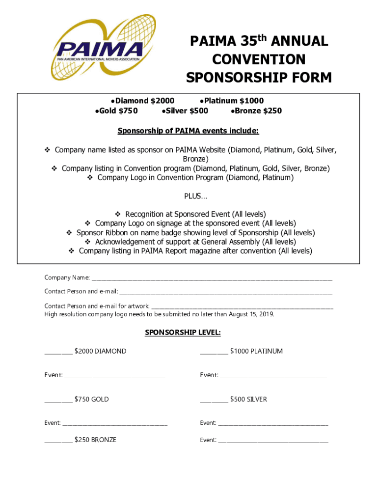 Fillable Online PAIMA 35th ANNUAL CONVENTION SPONSORSHIP FORM Fax Email Print - pdfFiller