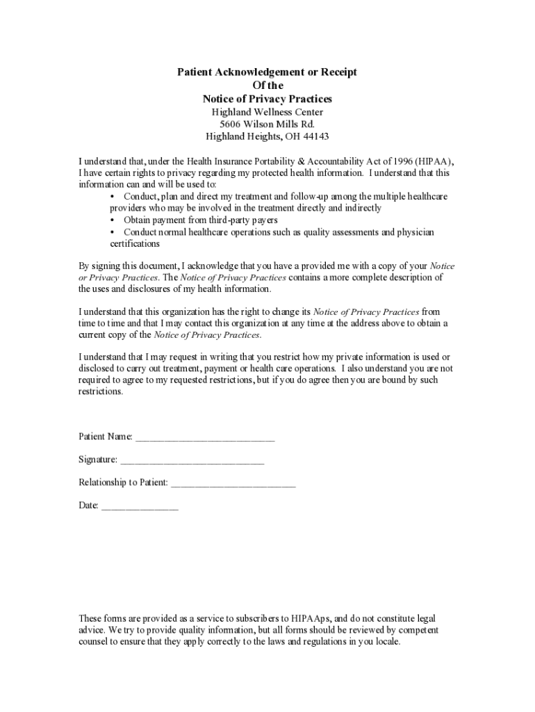 Fillable Online Patient Acknowledgement or Receipt Of the Notice of ...