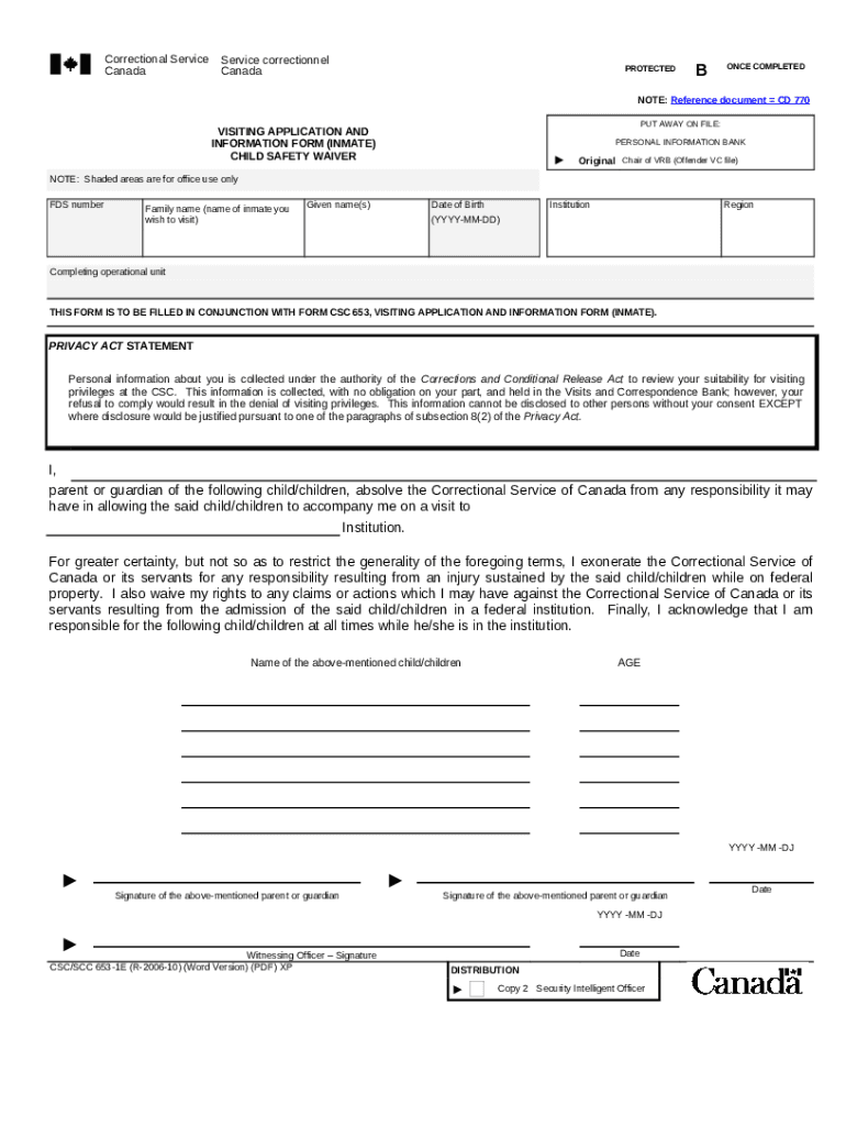 Visiting Application and Ination (Inmate) Child Safety Waiver (Word ...