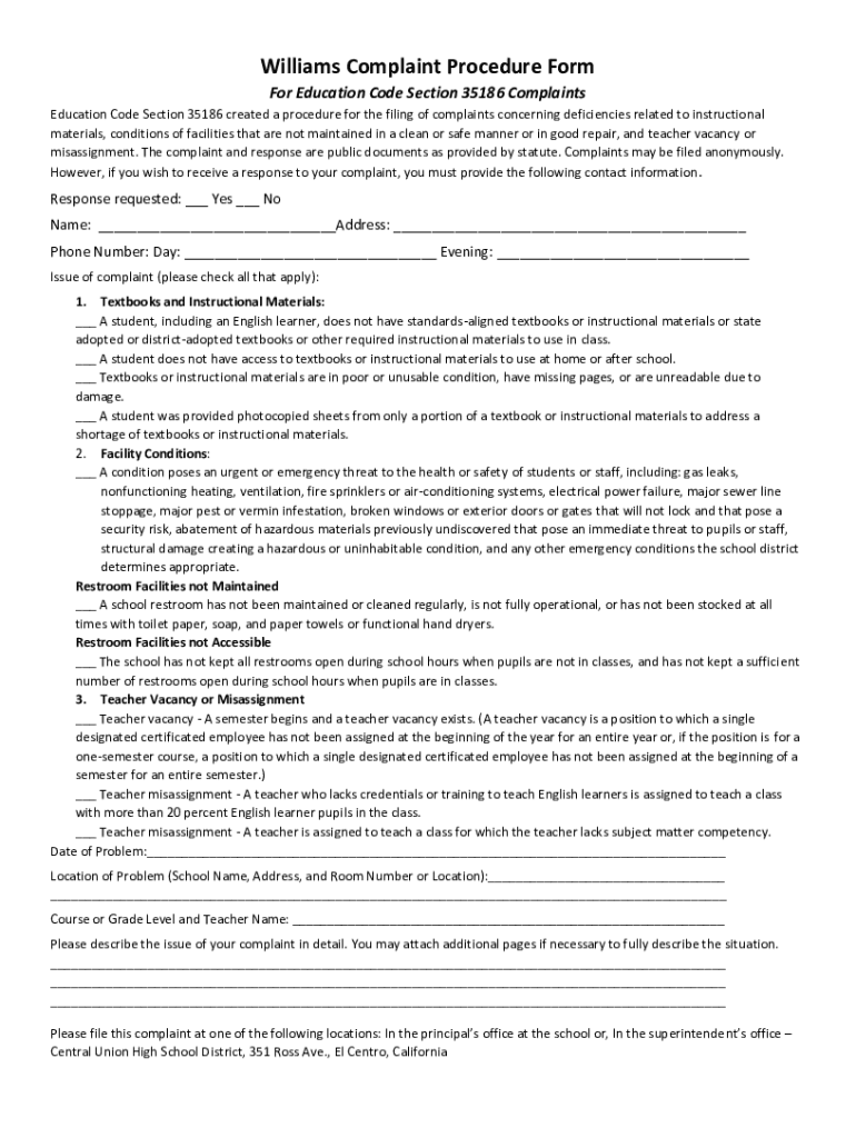Fillable Online Exhibit 1312.4-E(2): Williams Uniform Complaint Procedures Fax Email Print ...