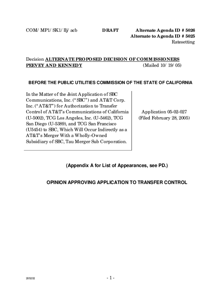 Fillable Online docs cpuc ca - 1 - COM/MP1/SK1/llj/acb DRAFT Alternate Agenda ... Fax Email ...