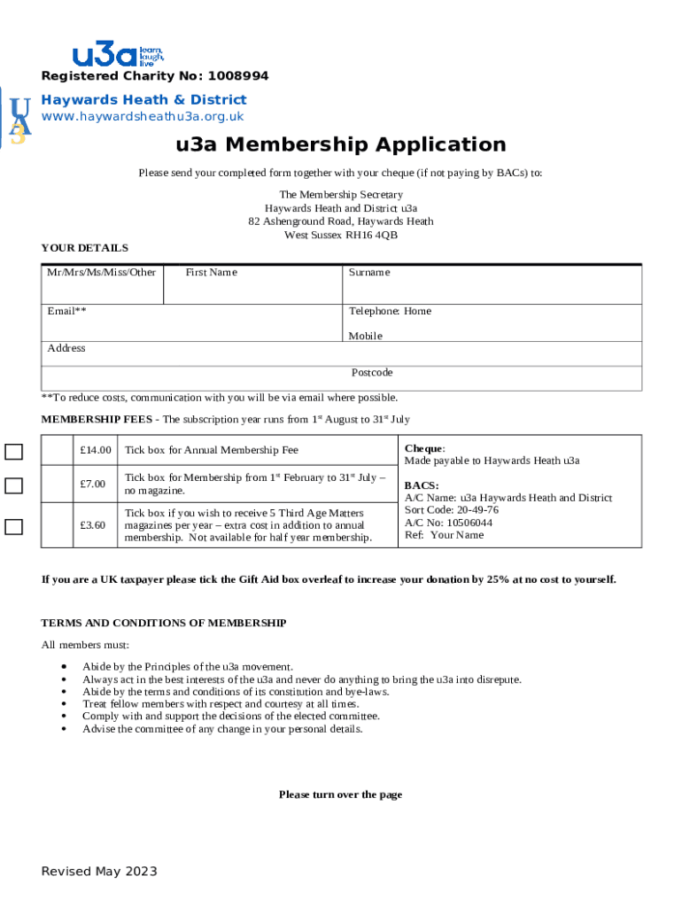 U3A Membership Application Doc Template Doc Template | pdfFiller
