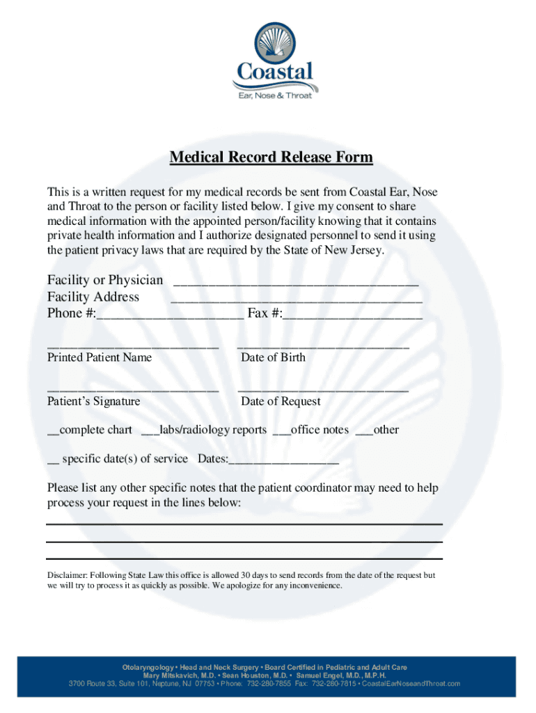 Fillable Online Medical Records Release FormThe ENT Center, AMC Fax Email Print - pdfFiller