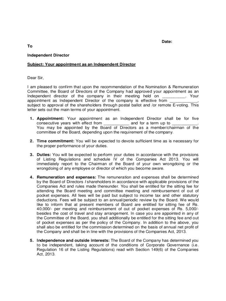 Fillable Online Appointment as an Independent Director We thank you for ...