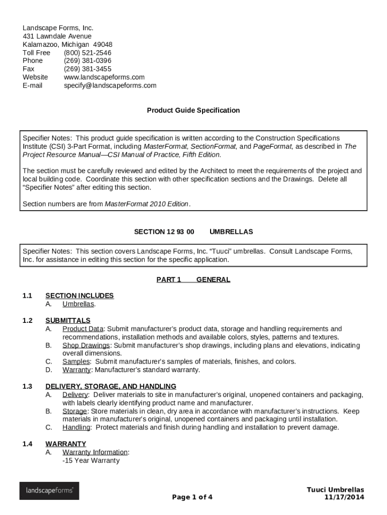 Tuuci Umbrella Ocean Master Classic hexagonal. Guide Specification Doc Template | pdfFiller