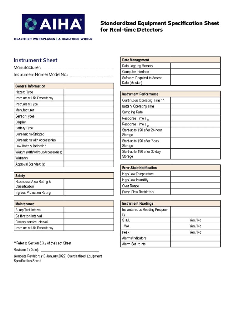 Fillable Online Instrument Sheet Standardized Equipment Specification ...