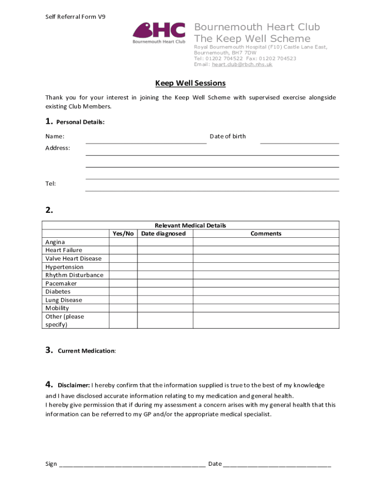 Fillable Online Bournemouth Heart Club The Keep Well Scheme 2. Fax ...