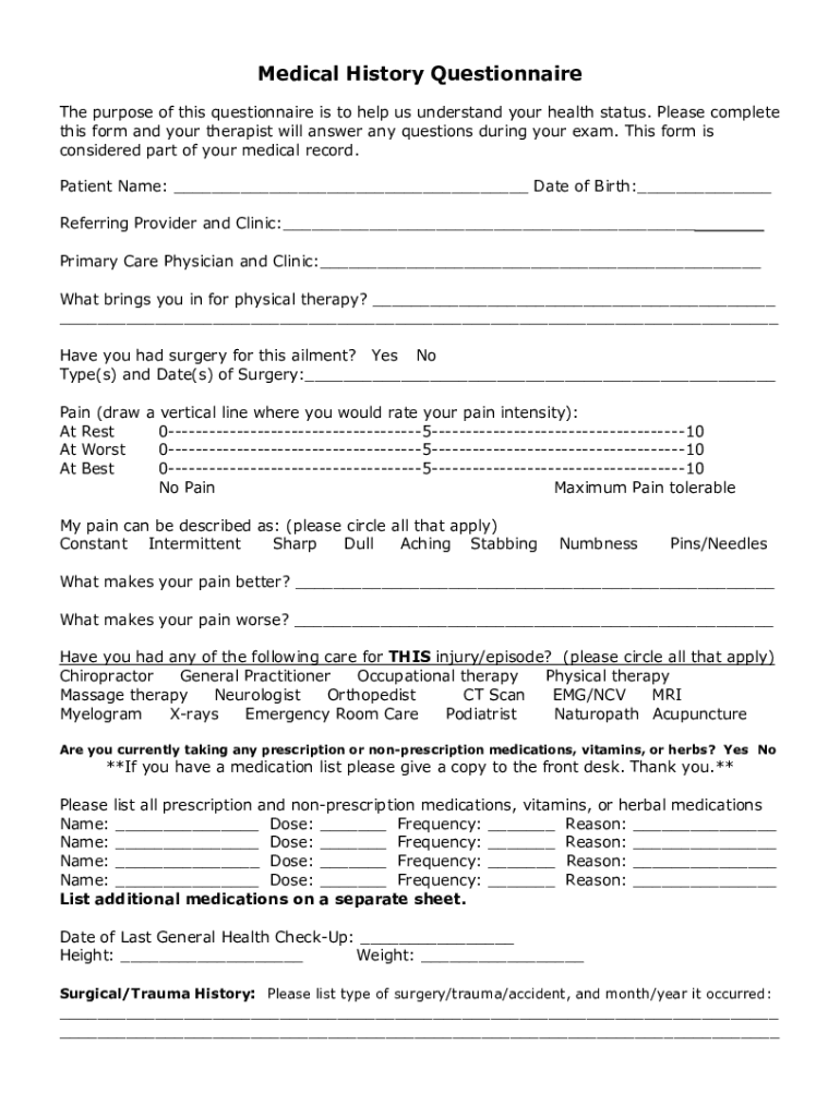 Fillable Online HEALTH QUESTIONNAIRE MEDICAL HISTORY Fax Email Print ...