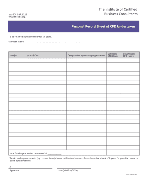 Fillable Online Personal Record Sheet of CPD Undertaken Fax Email Print - pdfFiller