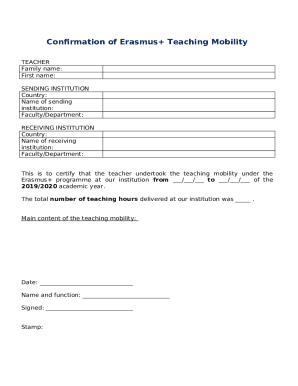 Confirmation of Erasmus+ Teaching Mobility Doc Template | pdfFiller