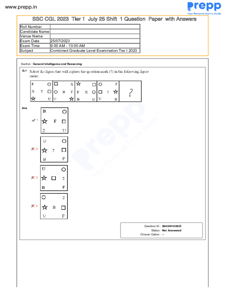 Fillable Online SSC CGL 2023 Tier 1 July 21 Shift 1 Question Paper with ...