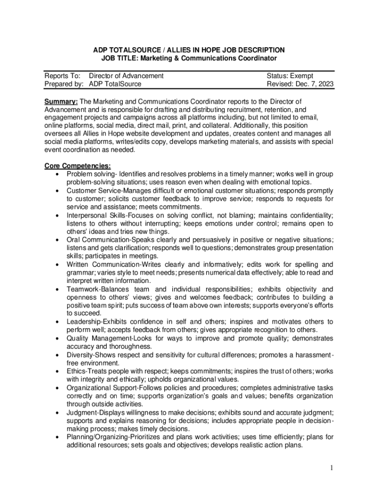 Fillable Online ADP TOTALSOURCE / Allies in Hope JOB DESCRIPTION Fax ...