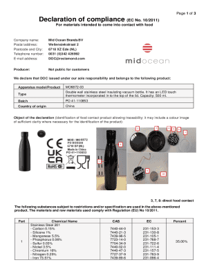 Fillable Online DECLARATION OF COMPLIANCE FOR FOOD CONTACT Fax Email ...