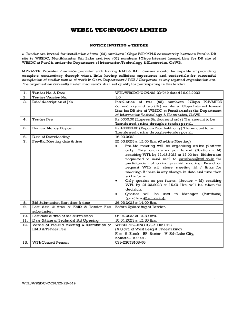 Fillable Online WEBEL Technology Limited Invites Bids for Supply of 1.5 ...