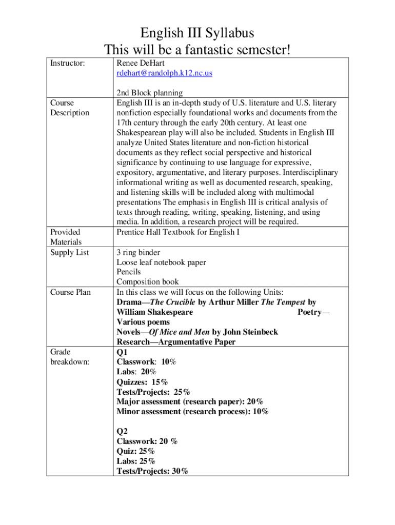 Fillable Online Honors English III Syllabus Spring 2022 - Connect Suite Fax Email Print - pdfFiller