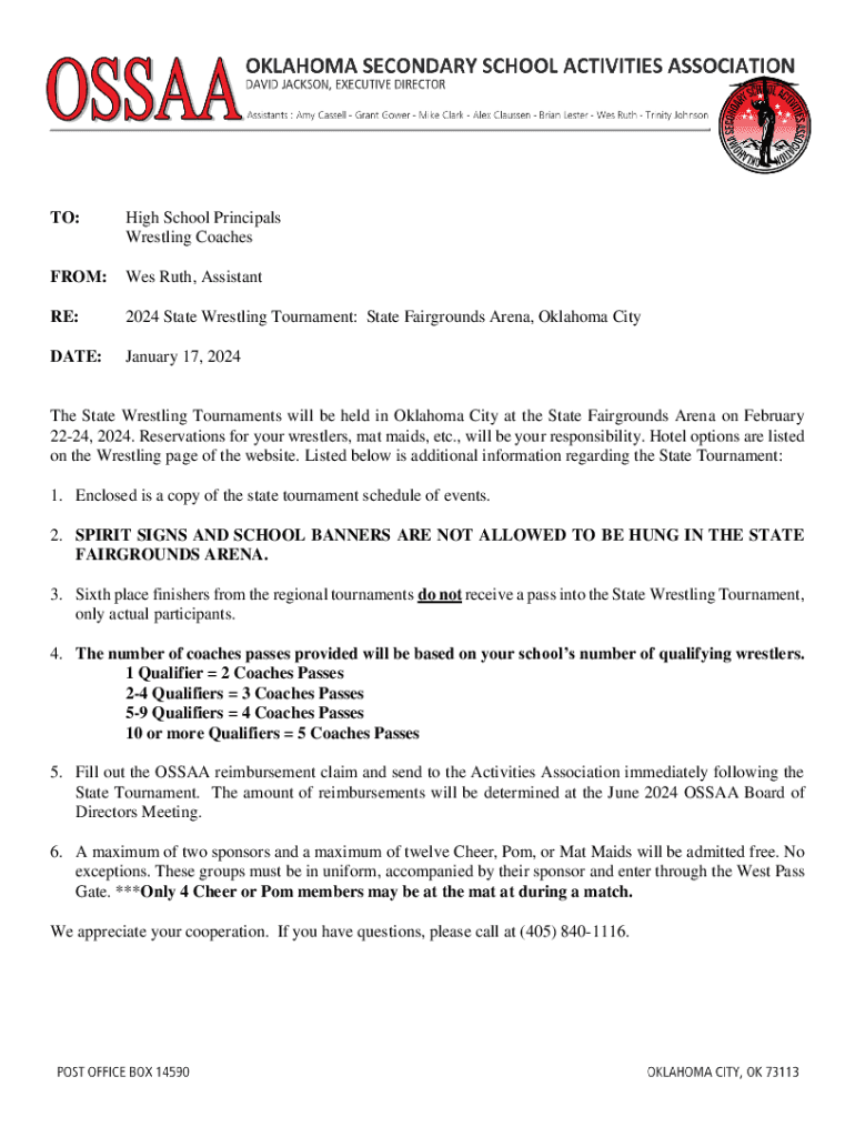Fillable Online Wes Ruth, Assistant RE: 2024 State Wrestling Tournament ...