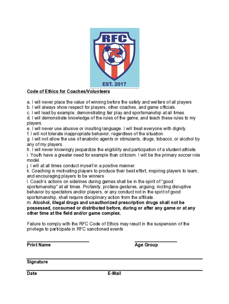Fillable Online Code of Ethics for RFC Coaches.doc Fax Email Print ...