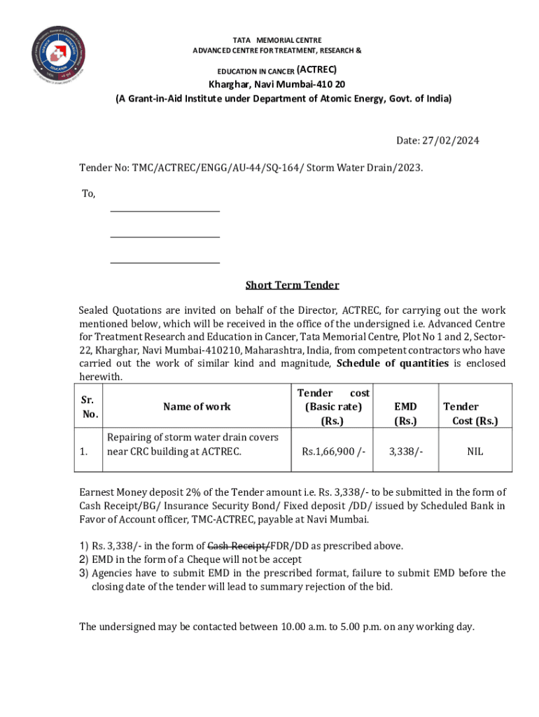Fillable Online Tender No: TMC/ACTREC/ENGG/AU-44/SQ-164/ Storm Water ...