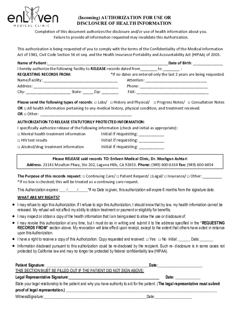 Fillable Online Use and Disclosure of Health Information PDF Fax Email ...