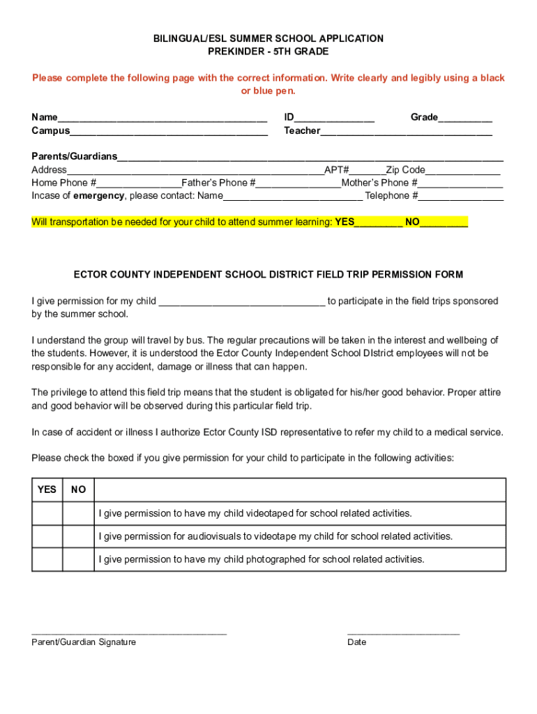 Fillable Online Bilingual/ESL Summer School Application - English Fax ...