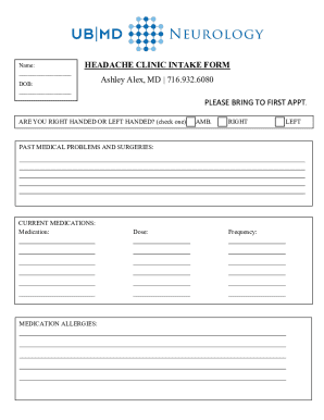 Fillable Online HEADACHE CLINIC INTAKE FORM Ashley Alex, MD Fax Email ...