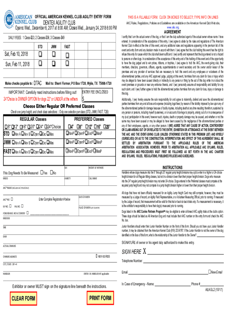 Fillable Online Den Tex Agility Club - Plano - TX - 5307 Fax Email ...