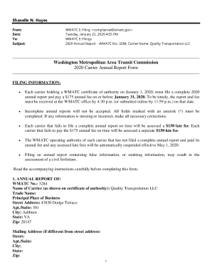 Fillable Online 2020 Annual Report - WMATC No: 3284, Carrier Name ...