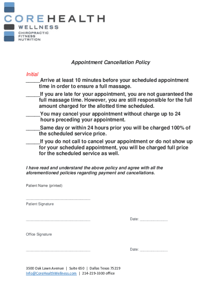 Fillable Online Late Arrival and Appointment Cancellation Policies Fax ...