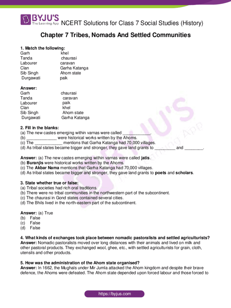Fillable Online NCERT Solutions for Class 7 Social Studies History Chapter 7 Tribes, Nomads and ...