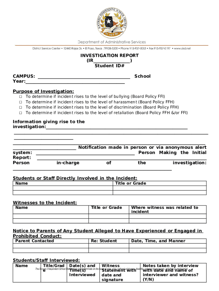 17-18 Bullying Investigation Report Doc Template | pdfFiller