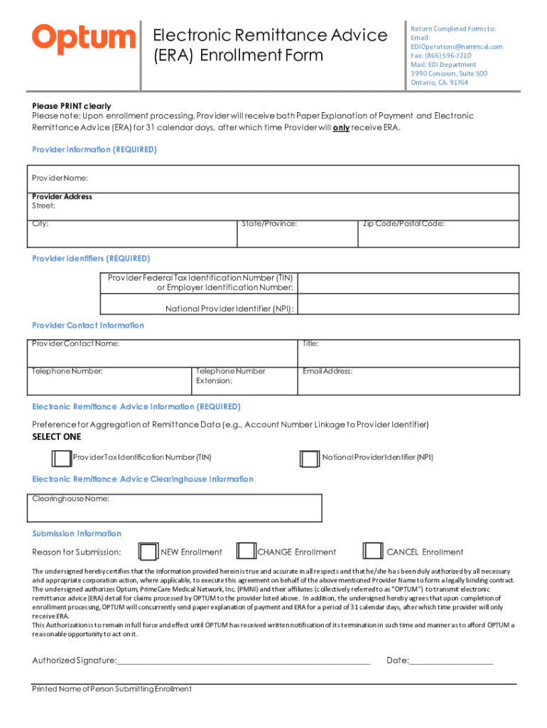 Fillable Online OPTUM CARE NETWORK (OCN01) ERA ... - Office Ally Fax ...