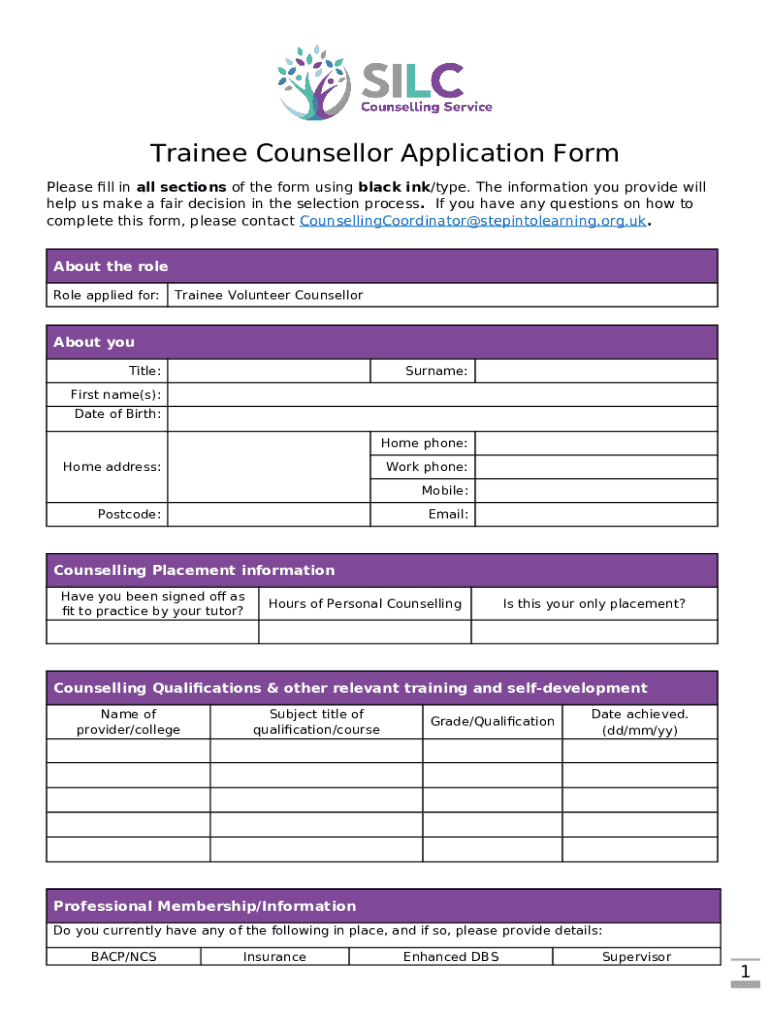 Trainee Counsellor Application Doc Template | pdfFiller